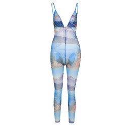 2021 Sexy deep V gauze see-through print breathable tight sports jumpsuit for summer women's sports wear