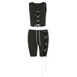 2021 summer Sexy Two Pieces sports Outfits Lace-Up Solid color yoga Sets For Women Plus Size Skinny hollow out Short sportswear