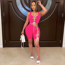 2021 summer Sexy Two Pieces sports Outfits Lace-Up Solid color yoga Sets For Women Plus Size Skinny hollow out Short sportswear