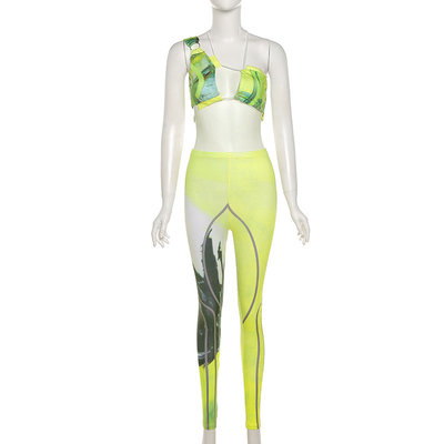 2021 summer women's sexy new one-shoulder strap clubwear  print contrast color hollow out tight casual sports suit