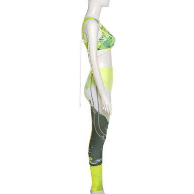 2021 summer women's sexy new one-shoulder strap clubwear  print contrast color hollow out tight casual sports suit