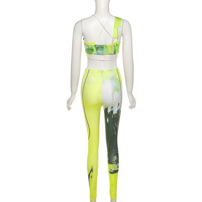 2021 summer women's sexy new one-shoulder strap clubwear  print contrast color hollow out tight casual sports suit