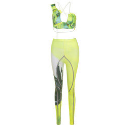 2021 summer women's sexy new one-shoulder strap clubwear  print contrast color hollow out tight casual sports suit