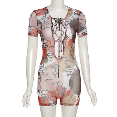 2021 summer for women's sexy cut-out mesh print high-waisted strappy sports jumpsuit