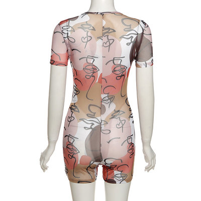 2021 summer for women's sexy cut-out mesh print high-waisted strappy sports jumpsuit