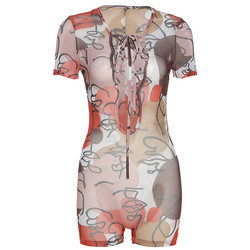 2021 summer for women's sexy cut-out mesh print high-waisted strappy sports jumpsuit