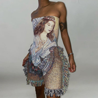 2021 New summer women's fashion print tassel strapless clubwear sexy breast wrap street style straight casual jumpsuit