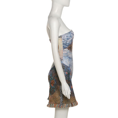 2021 New summer women's fashion print tassel strapless clubwear sexy breast wrap street style straight casual jumpsuit