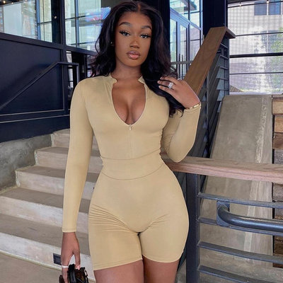 2021 summer Best Selling women Long Sleeve Grey front Zipper Open Chest Casual Jumpsuit One Piece Short sports set