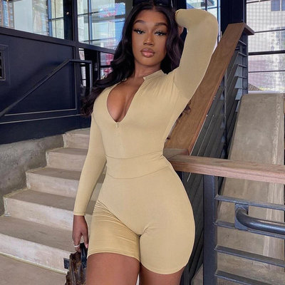 2021 summer Best Selling women Long Sleeve Grey front Zipper Open Chest Casual Jumpsuit One Piece Short sports set