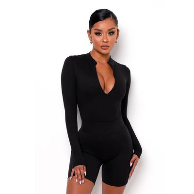 2021 summer Best Selling women Long Sleeve Grey front Zipper Open Chest Casual Jumpsuit One Piece Short sports set
