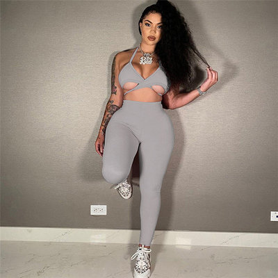 ladies new sexy low-cut halter vest hanging neck crop tops tight long pants leisure two-piece sportswear