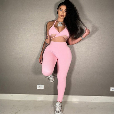 ladies new sexy low-cut halter vest hanging neck crop tops tight long pants leisure two-piece sportswear