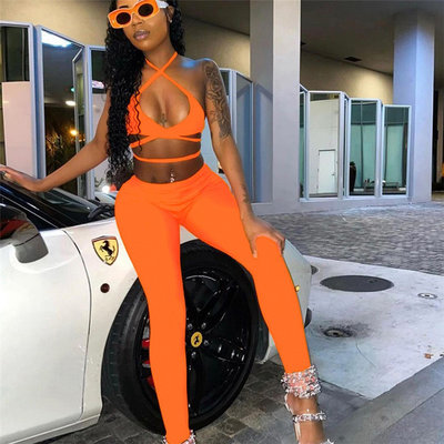 ladies new sexy low-cut halter vest hanging neck crop tops tight long pants leisure two-piece sportswear