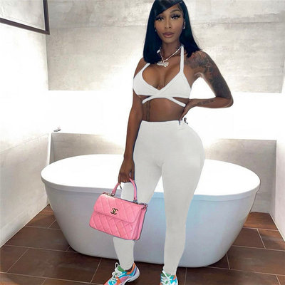 ladies new sexy low-cut halter vest hanging neck crop tops tight long pants leisure two-piece sportswear