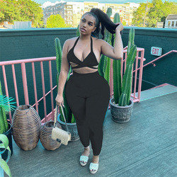 ladies new sexy low-cut halter vest hanging neck crop tops tight long pants leisure two-piece sportswear