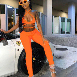 ladies new sexy low-cut halter vest hanging neck crop tops tight long pants leisure two-piece sportswear