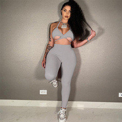 ladies new sexy low-cut halter vest hanging neck crop tops tight long pants leisure two-piece sportswear