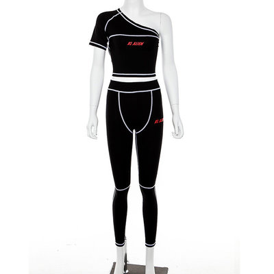 Spring Fashion Women One Off-the-Shoulder Single Sleeve Long Pants Slim  Fitness Yoga sportswear crop top