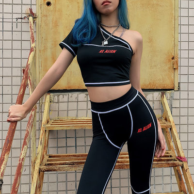 Spring Fashion Women One Off-the-Shoulder Single Sleeve Long Pants Slim  Fitness Yoga sportswear crop top