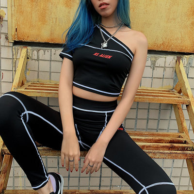 Spring Fashion Women One Off-the-Shoulder Single Sleeve Long Pants Slim  Fitness Yoga sportswear crop top