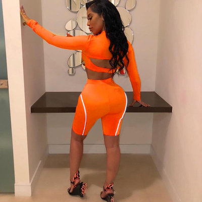 Women Two Piece Short Set Casual Sportswear bright Long Sleeve Jogging Crop Top Workout Set Sweat Suit