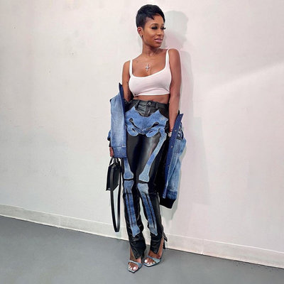 Wholesale Custom Women Fashion Street Shot PU Imitation Leather High Waist Tight Splicing Casual Jeans Pants