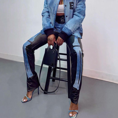 Wholesale Custom Women Fashion Street Shot PU Imitation Leather High Waist Tight Splicing Casual Jeans Pants