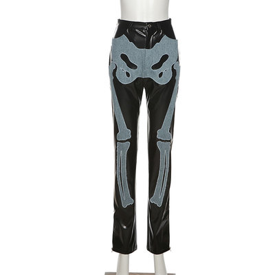Wholesale Custom Women Fashion Street Shot PU Imitation Leather High Waist Tight Splicing Casual Jeans Pants