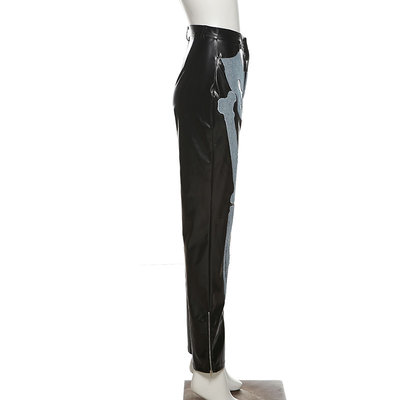 Wholesale Custom Women Fashion Street Shot PU Imitation Leather High Waist Tight Splicing Casual Jeans Pants