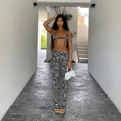 ladies new sexy zebra-stripe print yoga sets lace-up sleeveless tops furcal pants casual comfortable gym wear
