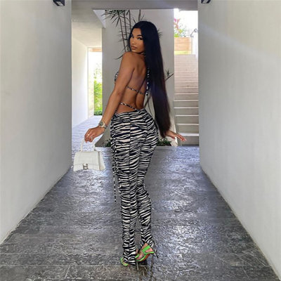 ladies new sexy zebra-stripe print yoga sets lace-up sleeveless tops furcal pants casual comfortable gym wear
