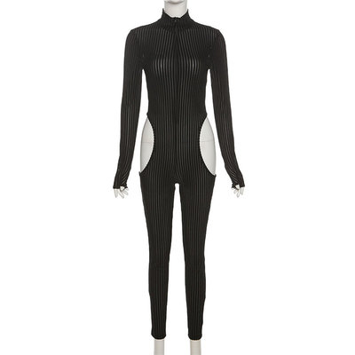 2021 wholesale autumn stand collar stripe sportswear hollow out hip lift  jumpsuit for women one piece yoga set