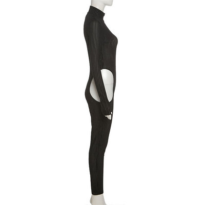 2021 wholesale autumn stand collar stripe sportswear hollow out hip lift  jumpsuit for women one piece yoga set