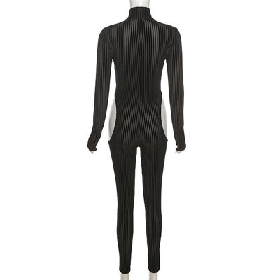 2021 wholesale autumn stand collar stripe sportswear hollow out hip lift  jumpsuit for women one piece yoga set