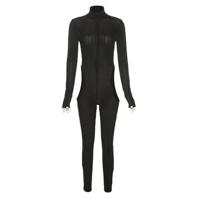 2021 wholesale autumn stand collar stripe sportswear hollow out hip lift  jumpsuit for women one piece yoga set