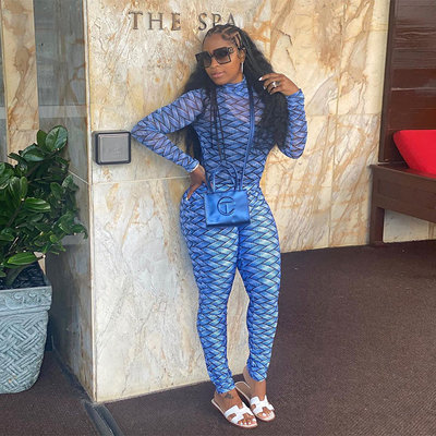 Night Club Women Bodycon two Pieces Blue Mesh Jumpsuit ladies Rompers Long Sleeves fitness Clothing in stock