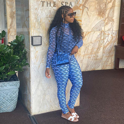 Night Club Women Bodycon two Pieces Blue Mesh Jumpsuit ladies Rompers Long Sleeves fitness Clothing in stock