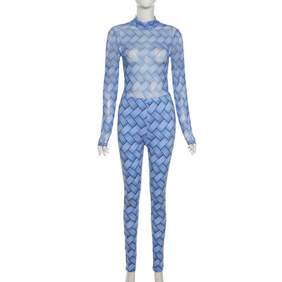 Night Club Women Bodycon two Pieces Blue Mesh Jumpsuit ladies Rompers Long Sleeves fitness Clothing in stock