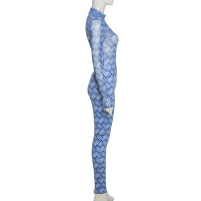 Night Club Women Bodycon two Pieces Blue Mesh Jumpsuit ladies Rompers Long Sleeves fitness Clothing in stock