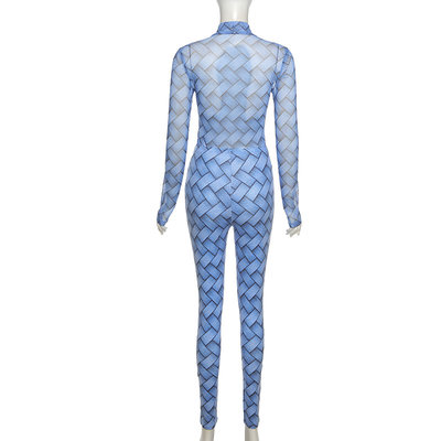 Night Club Women Bodycon two Pieces Blue Mesh Jumpsuit ladies Rompers Long Sleeves fitness Clothing in stock