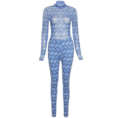 Night Club Women Bodycon two Pieces Blue Mesh Jumpsuit ladies Rompers Long Sleeves fitness Clothing in stock