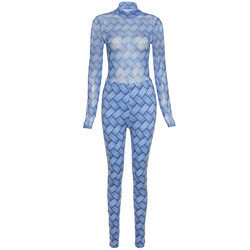 Night Club Women Bodycon two Pieces Blue Mesh Jumpsuit ladies Rompers Long Sleeves fitness Clothing in stock