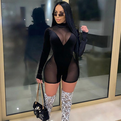Women's Elegant One Piece Romper And Jumpsuit Long Sleeve Skinny sports Set Sexy Mesh sportswear  For ladies in stock