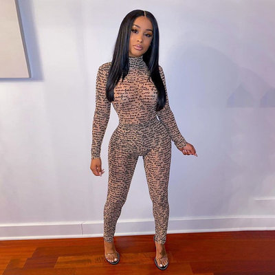 2020 Autumn Winter Hot Sale Casual Women's one piece Spots set Printed Long Sleeve Round Collar Jumpsuit ladies Fashion yoga set