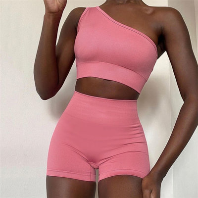 Summer sportswear new women sexy sloping shoulder vest running gym wear tight high waist shorts sports fitness suit
