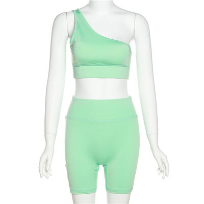 Summer sportswear new women sexy sloping shoulder vest running gym wear tight high waist shorts sports fitness suit