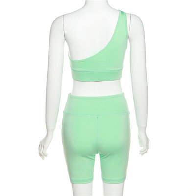 Summer sportswear new women sexy sloping shoulder vest running gym wear tight high waist shorts sports fitness suit