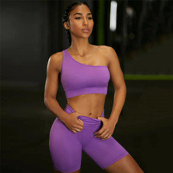 Summer sportswear new women sexy sloping shoulder vest running gym wear tight high waist shorts sports fitness suit