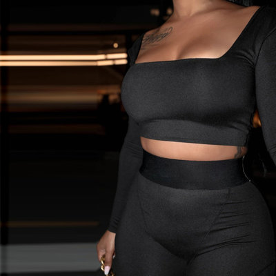 New Women Sexy Two Piece fitness Sets Open Back Fashion Long Sleeve Top Elastic and high Waist Shorts Basic gym Tracksuit